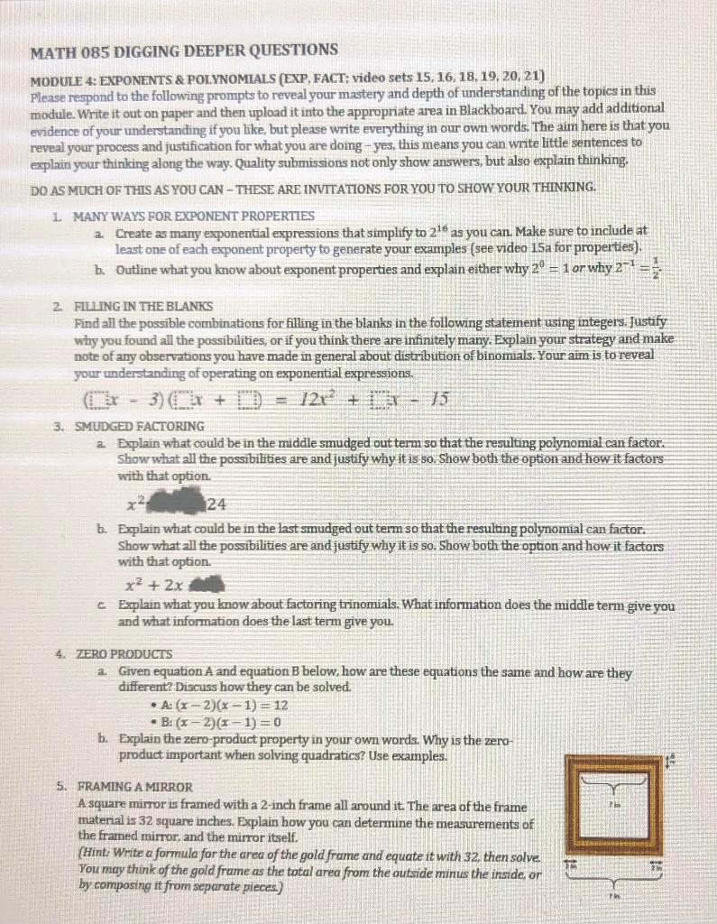 MATH 085 DIGGING DEEPER QUESTIONS MODULE 4: EXPONENTS | Chegg.com