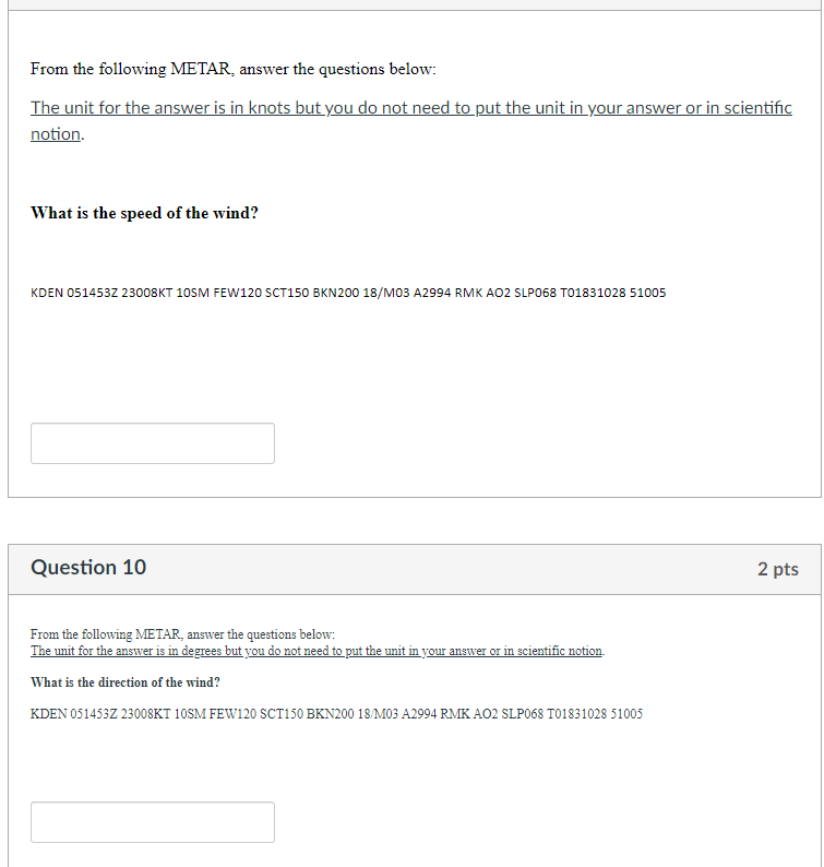 Solved From the following METAR, answer the questions below: | Chegg.com