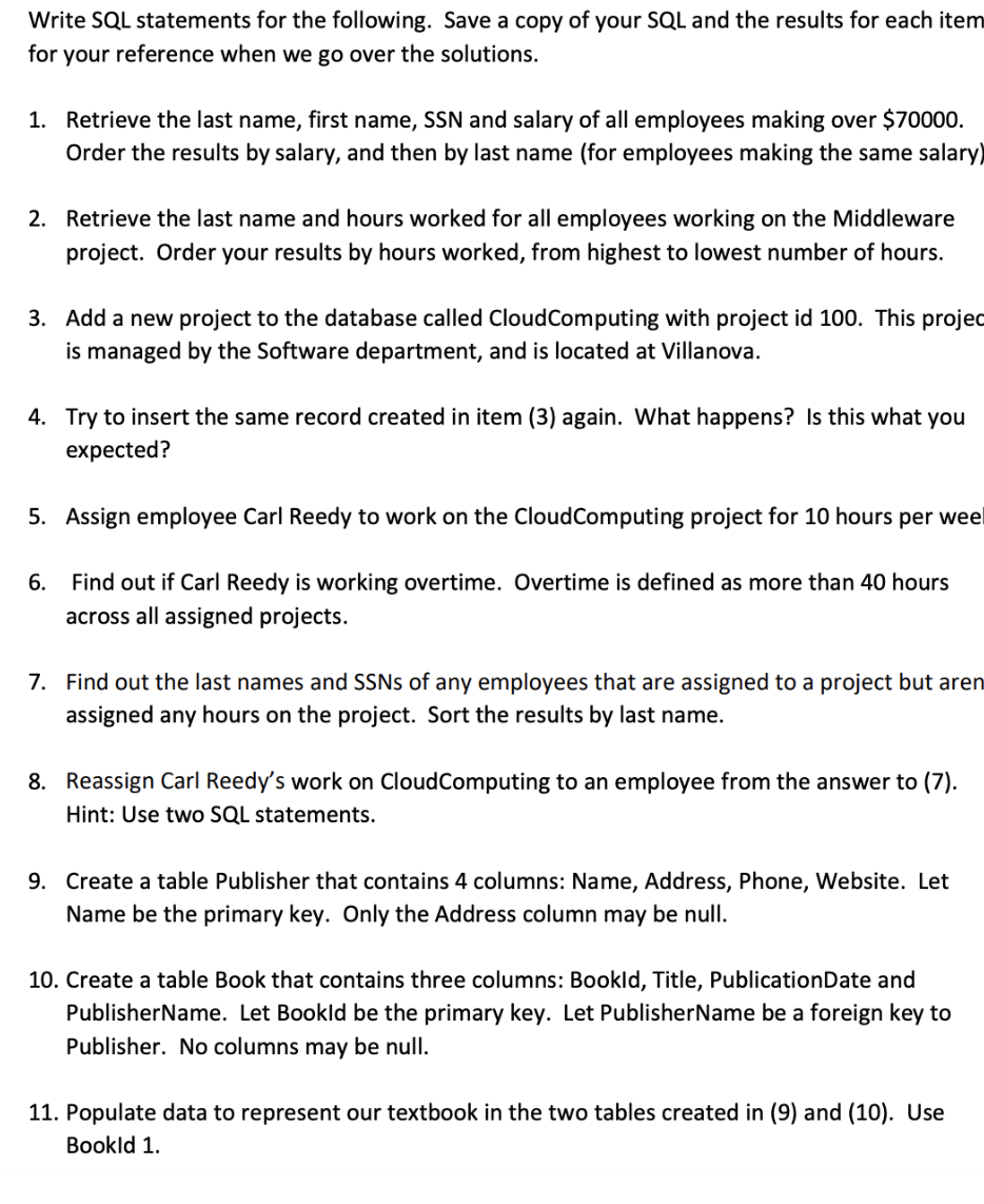 Solved Write Sql Statements For The Following Save A Copy 