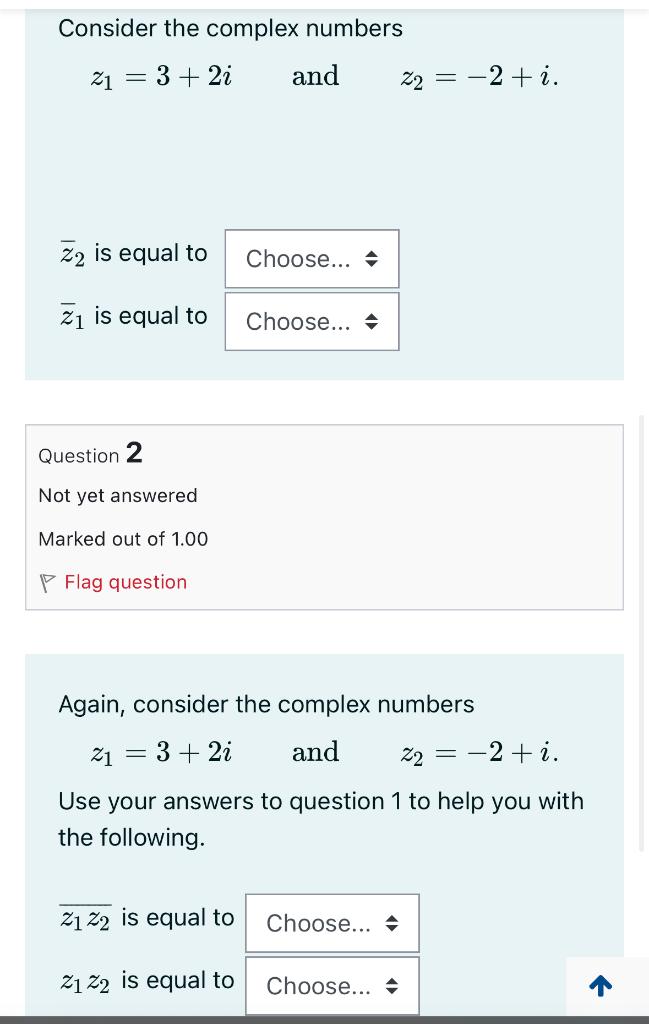 Solved Consider the complex numbers z1=3+2i and z2=−2+i. zˉ2 | Chegg.com