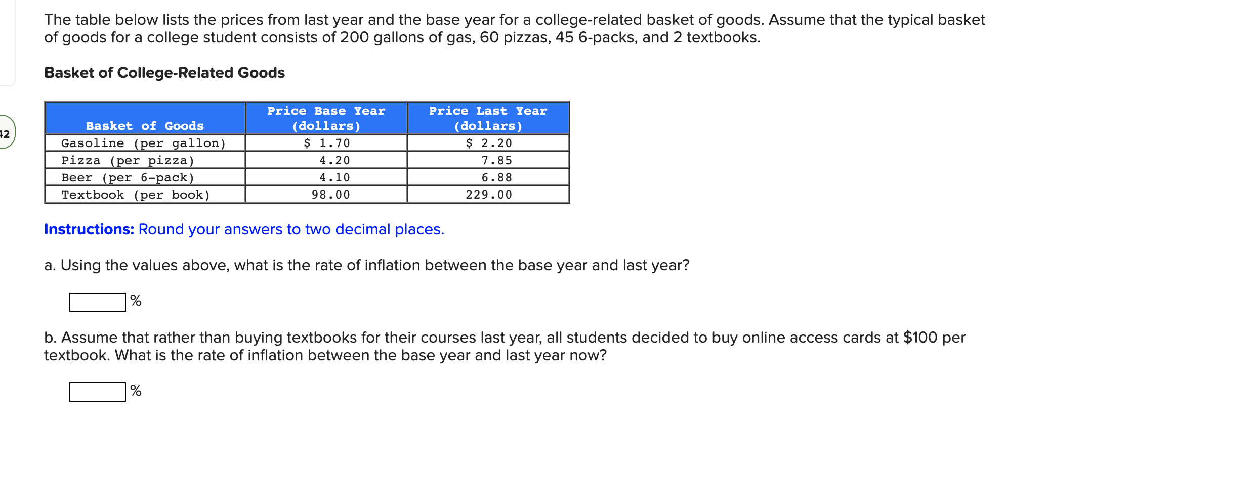 Solved The table below lists the prices from last year and | Chegg.com