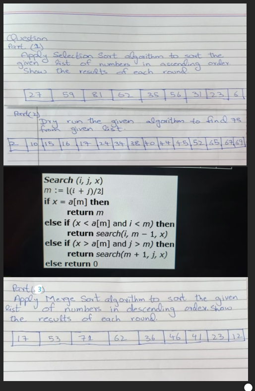 Solved Question part (1) Apply Selections Sort algorithm to | Chegg.com