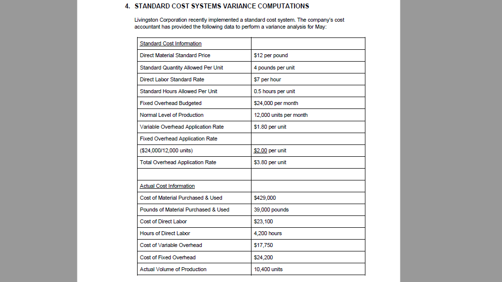 Solved 4. STANDARD COST SYSTEMS VARIANCE COMPUTATIONS | Chegg.com
