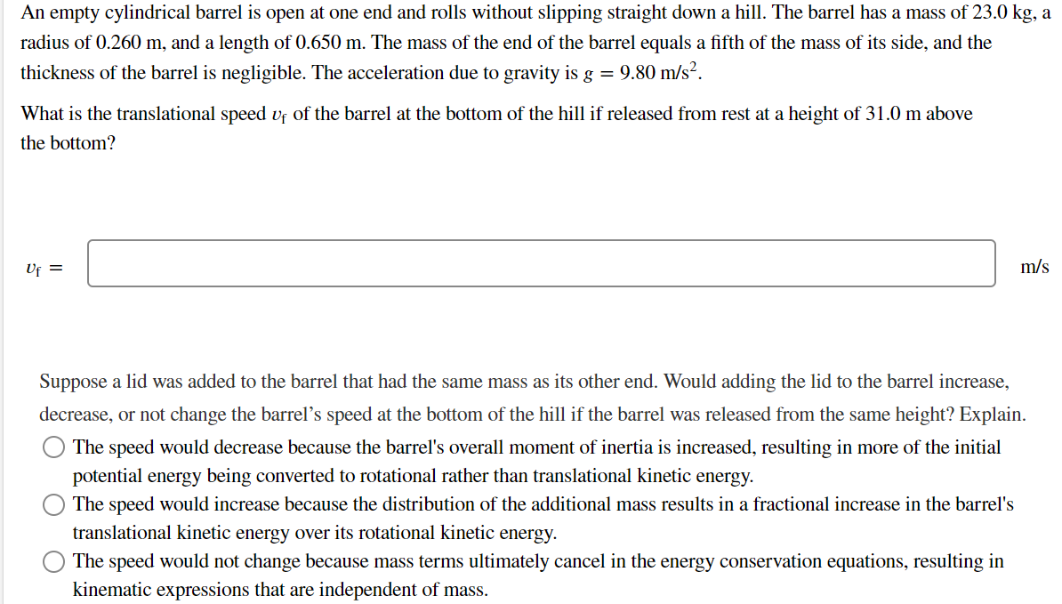 Solved An empty cylindrical barrel is open at one end and | Chegg.com
