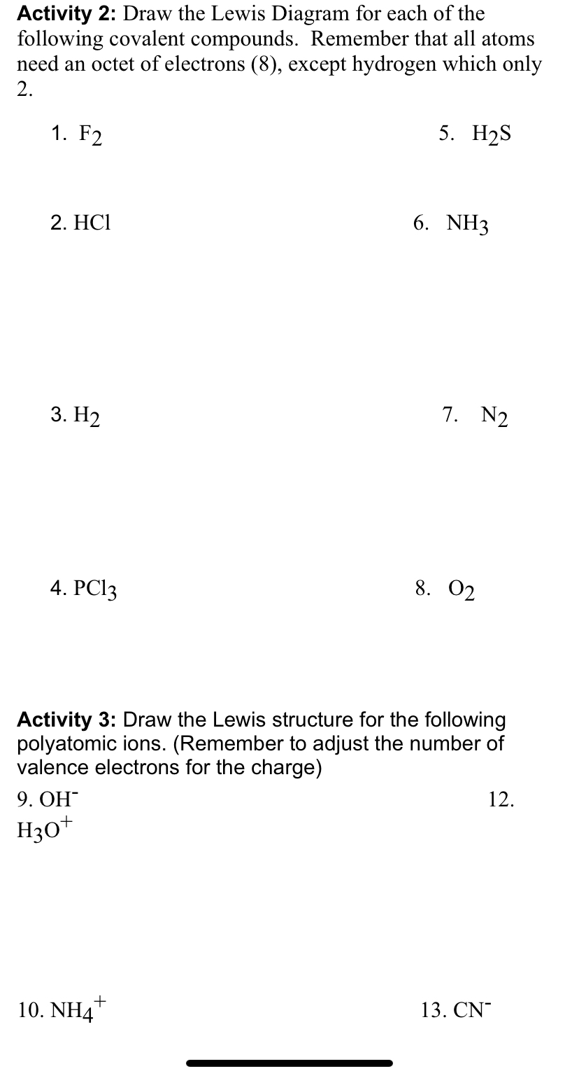Solved Activity 2: Draw the Lewis Diagram for each of | Chegg.com