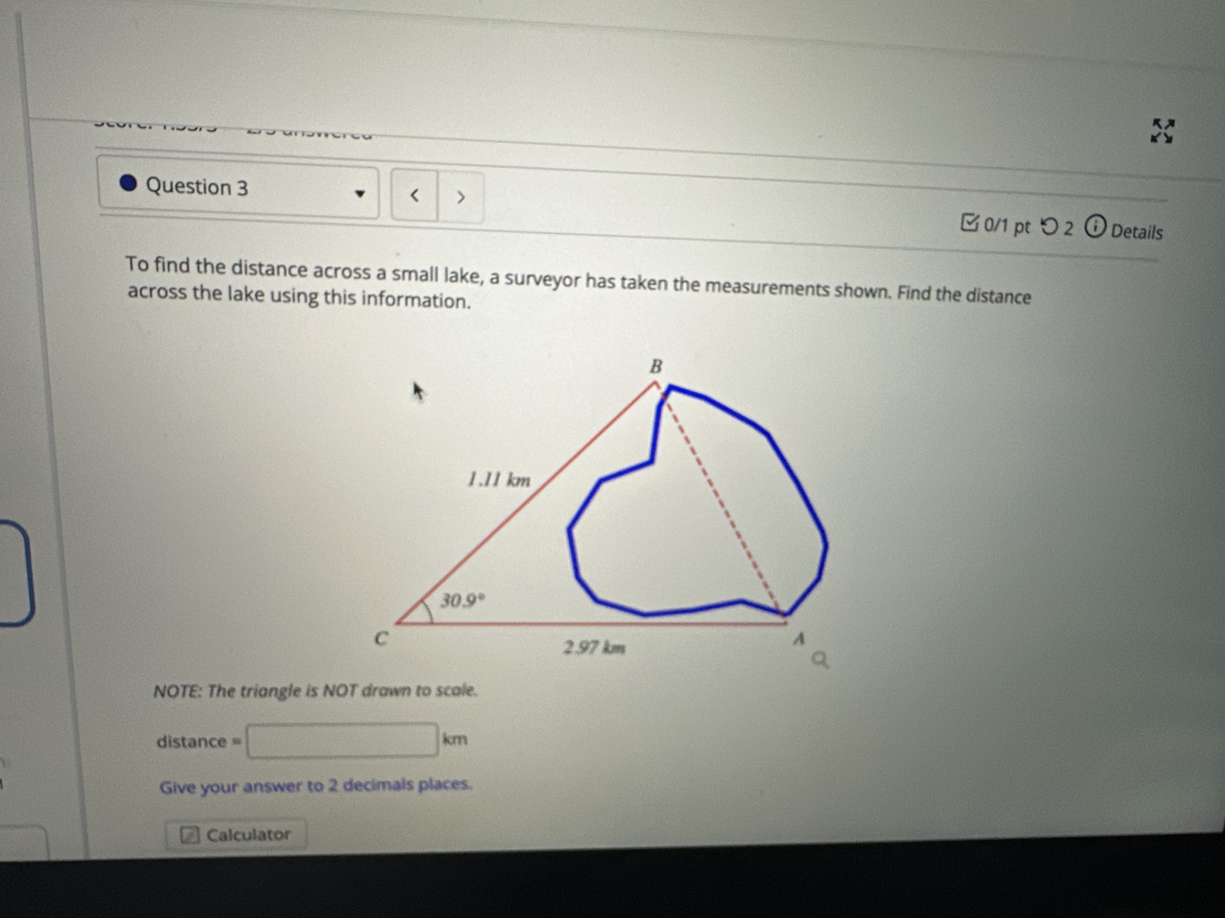Solved To find the distance across a small lake, a surveyor | Chegg.com