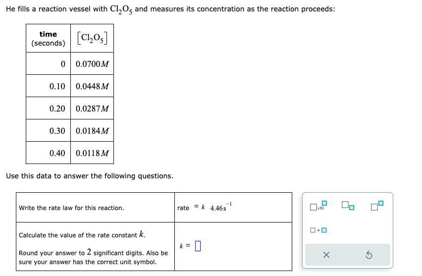 Solved He fills a reaction vessel with Cl2O5 and measures | Chegg.com