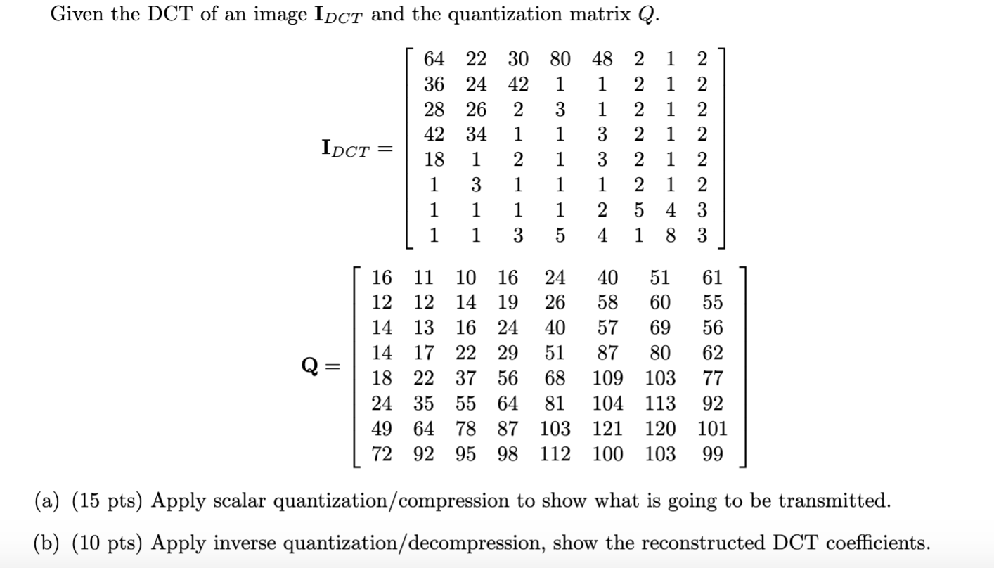 Given the DCT of an image IDCT and the quantization | Chegg.com