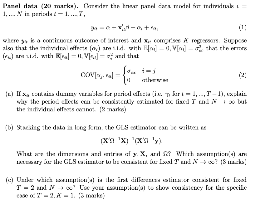 Panel Data 20 Marks Consider The Linear Panel Data