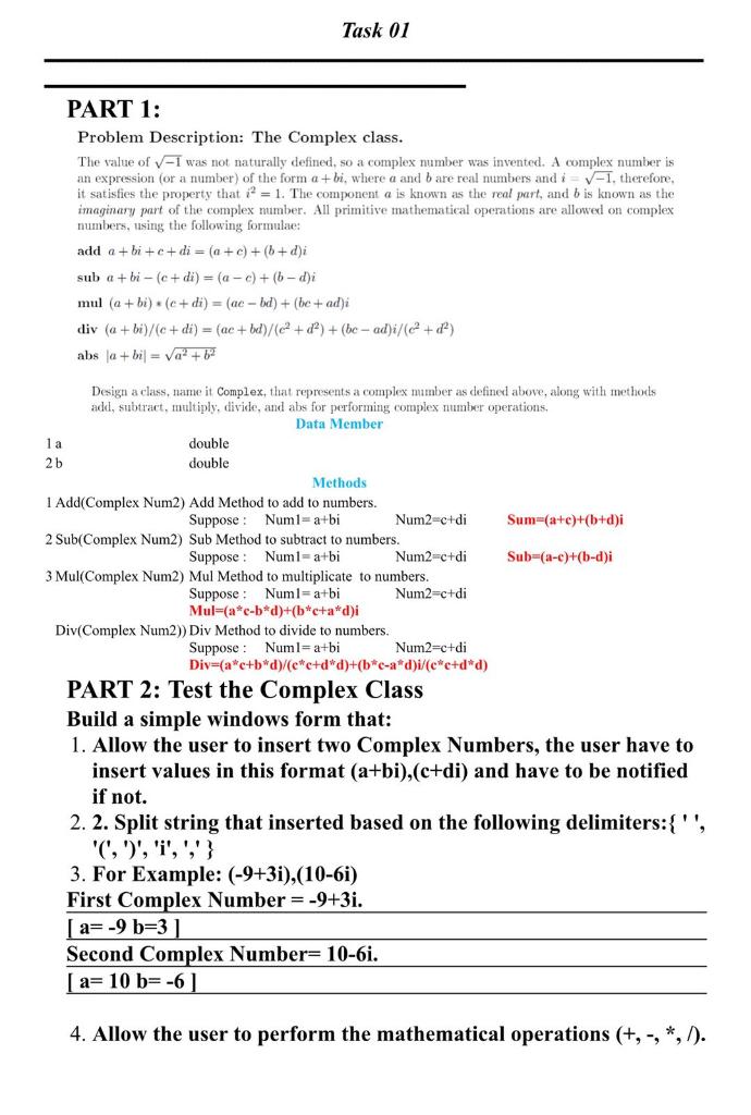 Solved Task 01 PART 1: Problem Description: The Complex | Chegg.com