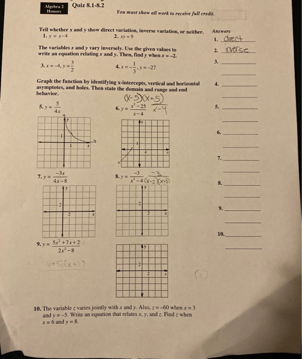 Solved Algebra 2 Honors Quiz 8.1-8.2 You must show all work | Chegg.com