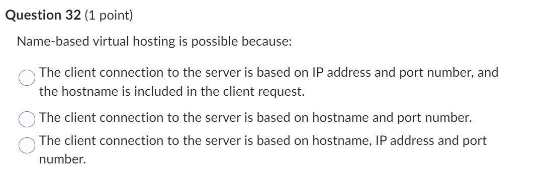 Solved Question 32 (1 point) Name-based virtual hosting is | Chegg.com