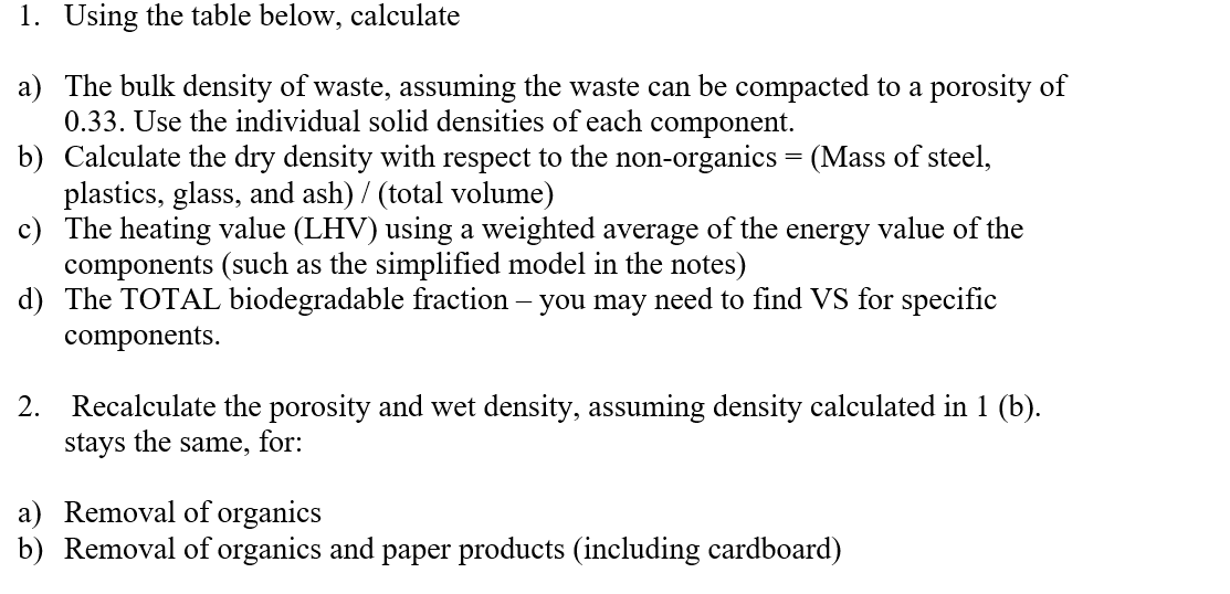 1. Using the table below, calculate a) The bulk | Chegg.com