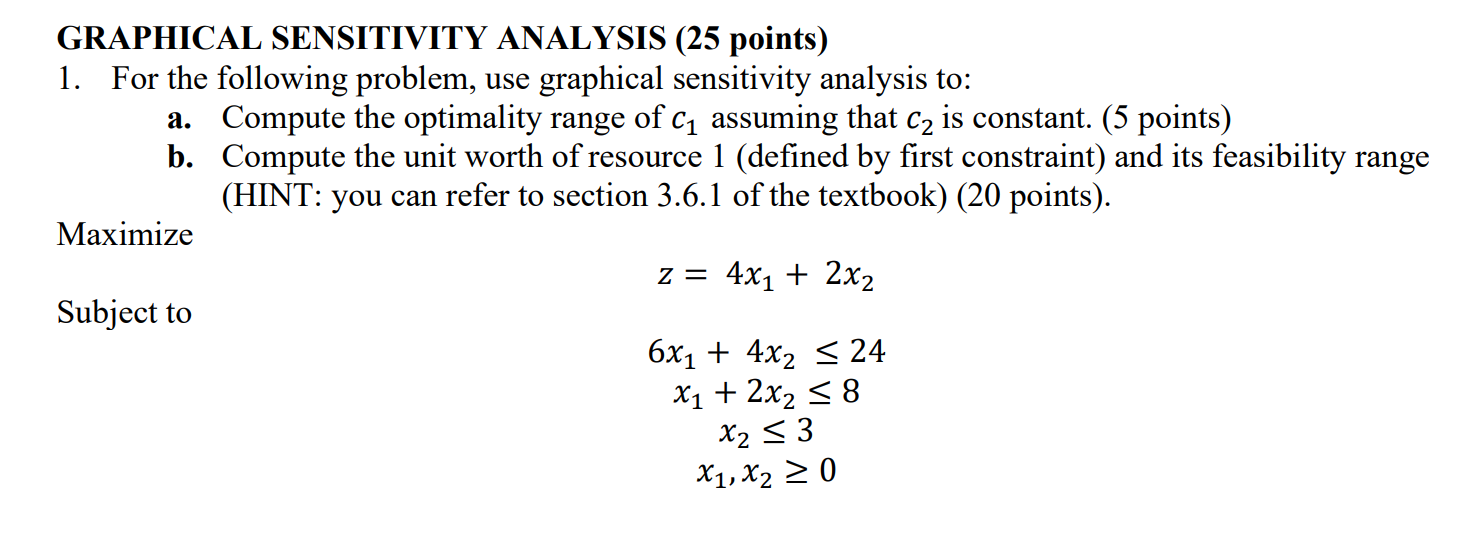 Solved GRAPHICAL SENSITIVITY ANALYSIS (25 points) 1. For the | Chegg.com