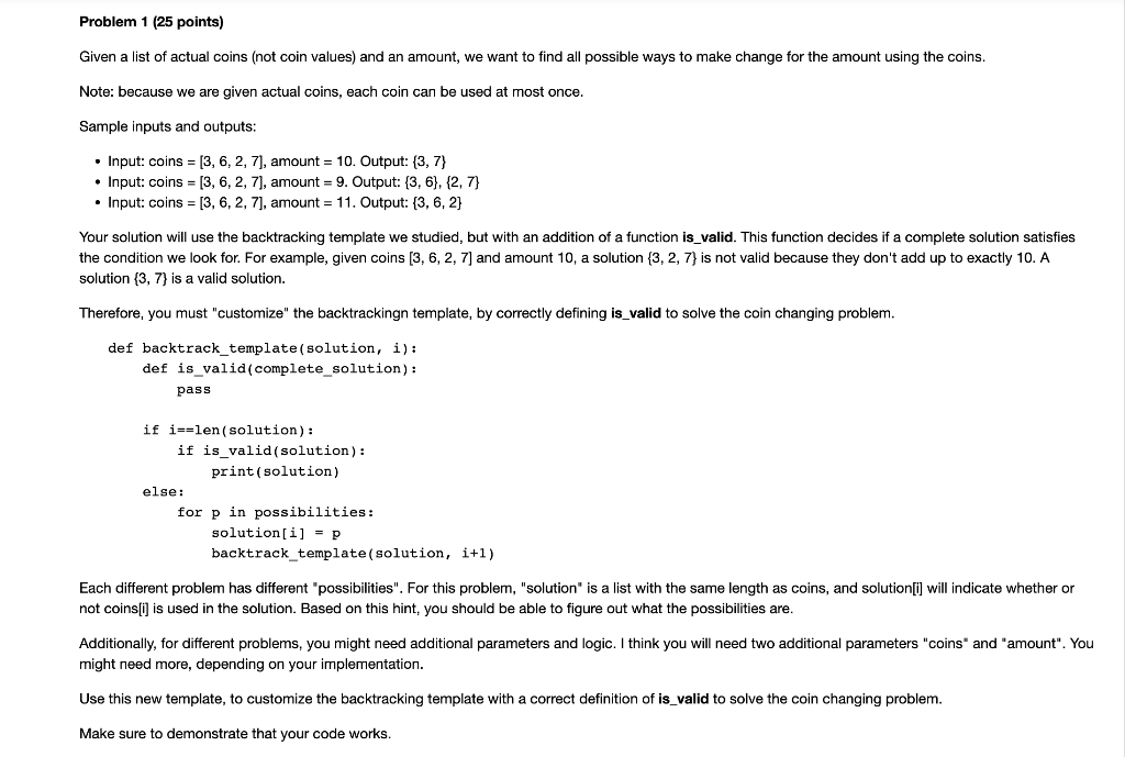 Problem 1 ( 25 points) Given a list of actual coins | Chegg.com