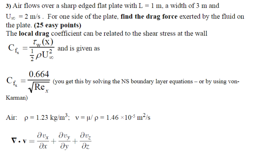 Solved 3) Air flows over a sharp edged flat plate with L=1 | Chegg.com