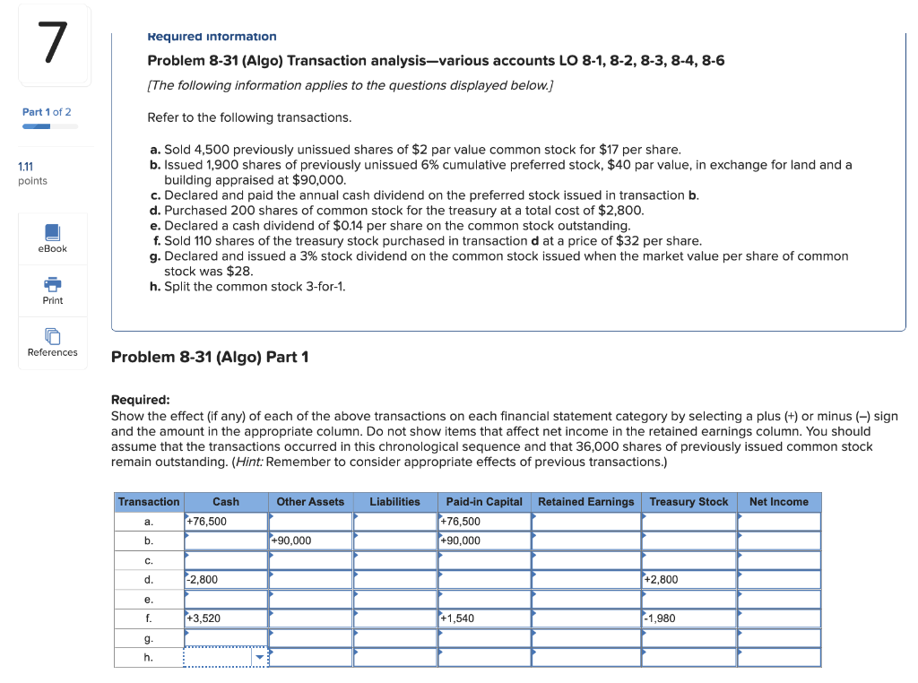 Solved Problem 8-31 (Algo) Transaction analysis-various | Chegg.com