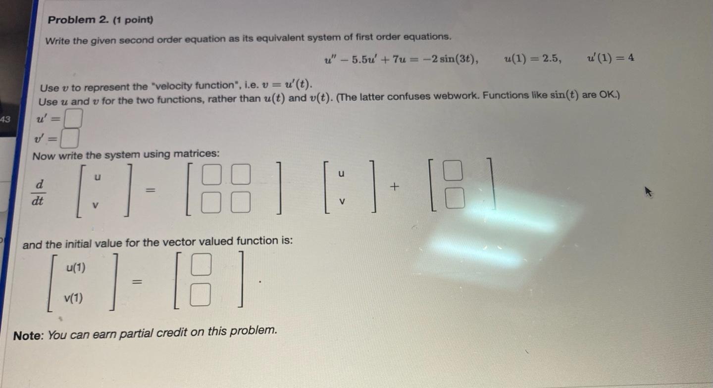 Solved Problem 2 1 Point Write The Given Second Order 9446