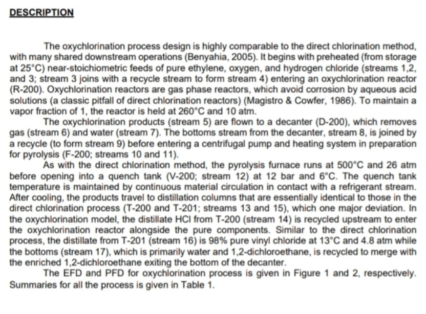 Solved DESCRIPTION The oxychlorination process design is | Chegg.com