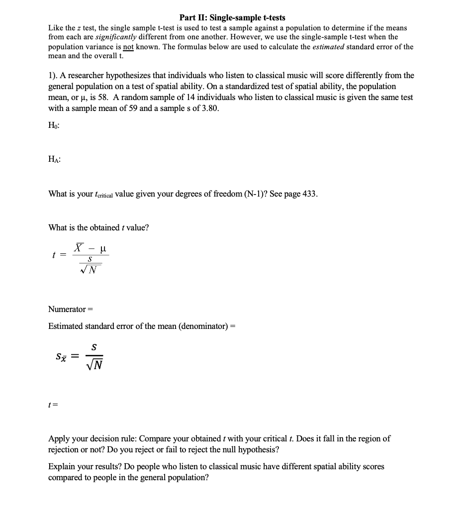 Solved Part II: Single-sample t-tests Like the z test, the | Chegg.com