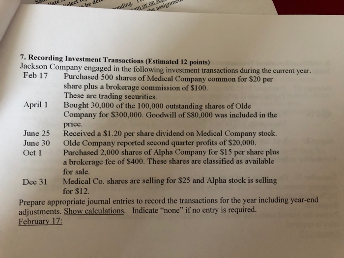 Solved 7. Recording Investment Transactions (Estimated 12 | Chegg.com
