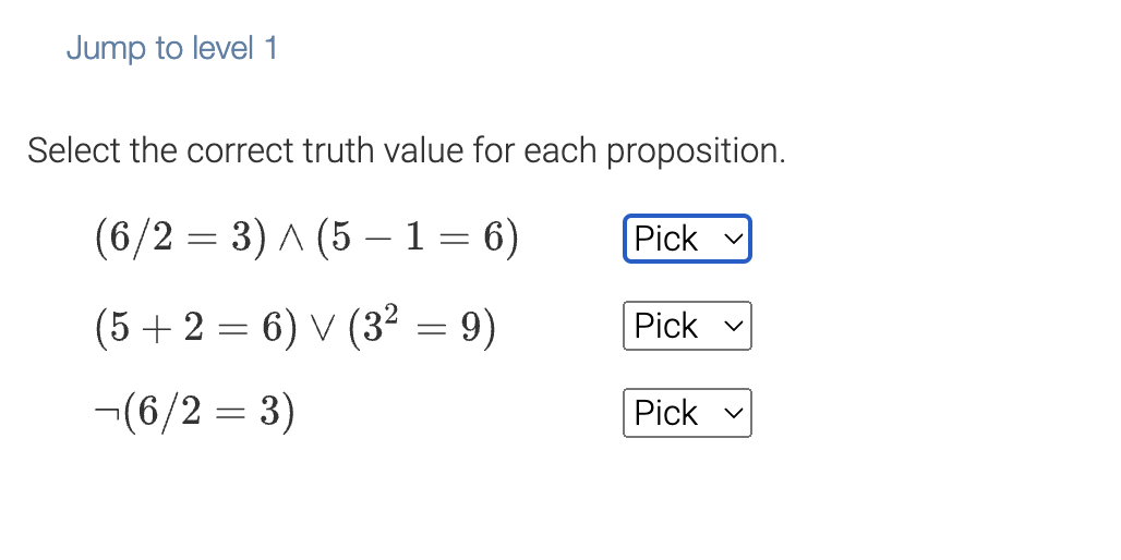 Jump to level 1Select the correct truth value for | Chegg.com