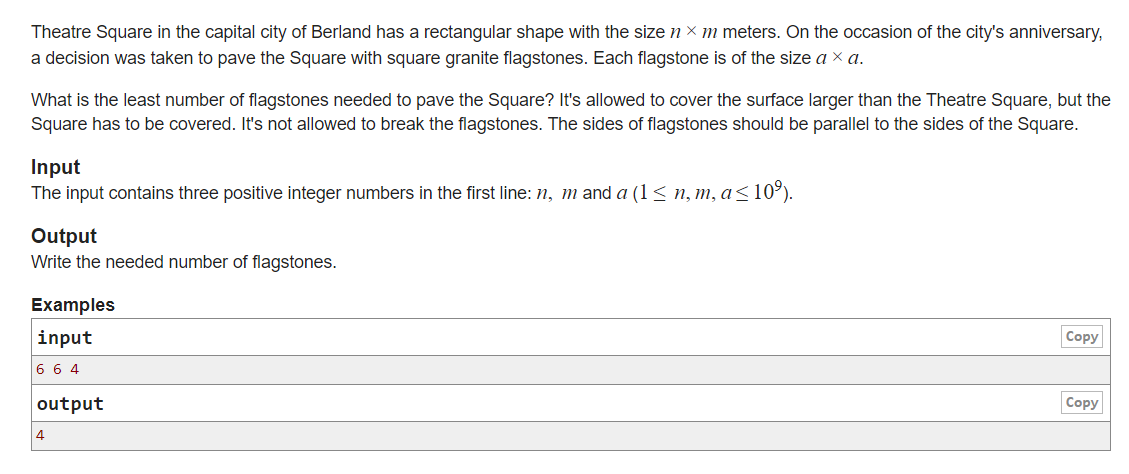 Solved using python please Theatre Square in the capital | Chegg.com