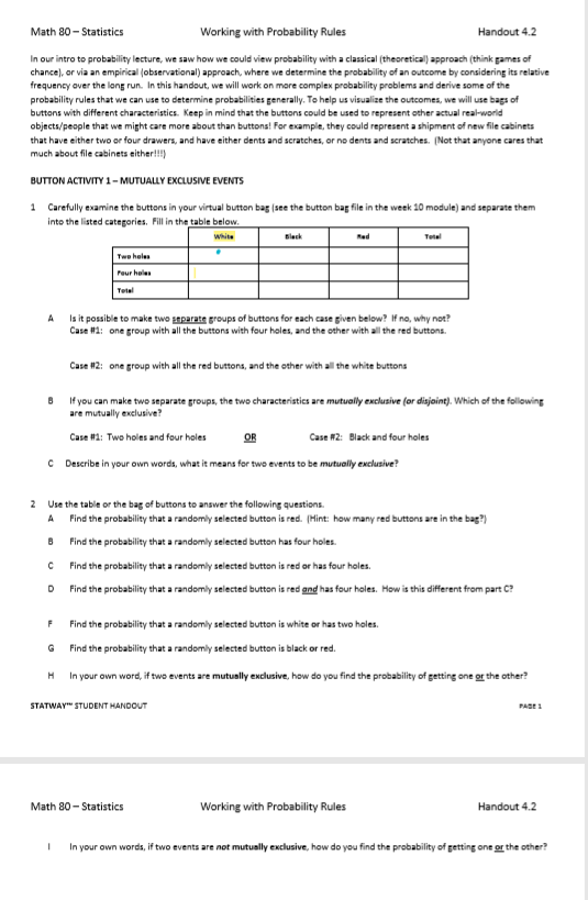 Math 80-Statistics Working with Probability Rules | Chegg.com