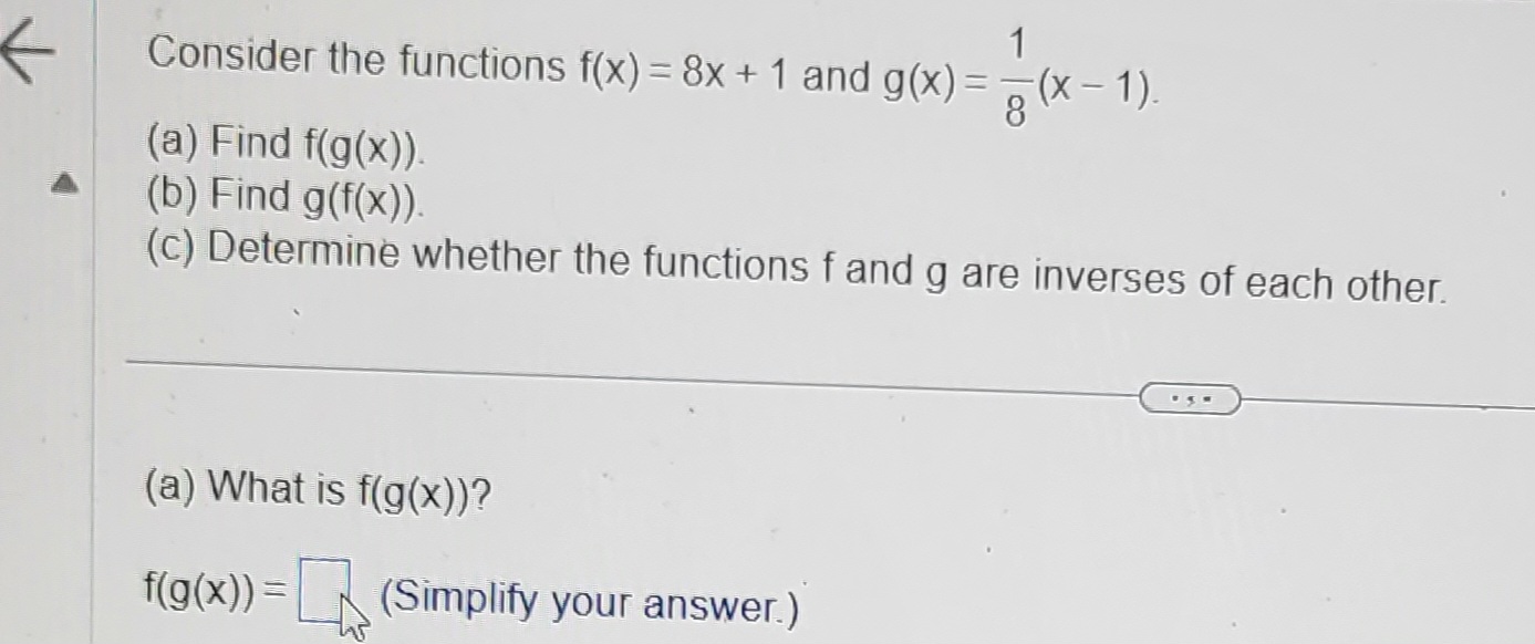 Solved For f(x)=8x and g(x)=81x, find (f∘g)(x) and (g∘f)(x). | Chegg.com