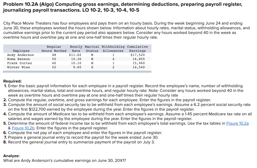 Problem 10.2A (Algo) Computing gross earnings, | Chegg.com