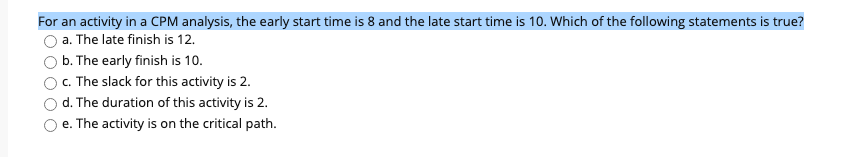 Solved For an activity in a CPM analysis, the early start | Chegg.com
