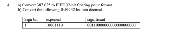 Solved 4. a) Convert 387.625 to IEEE 32-bit floating point | Chegg.com