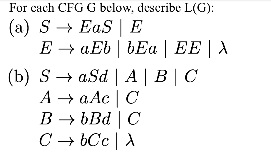 Solved For each CFGG below, describe L(G) : (a) | Chegg.com