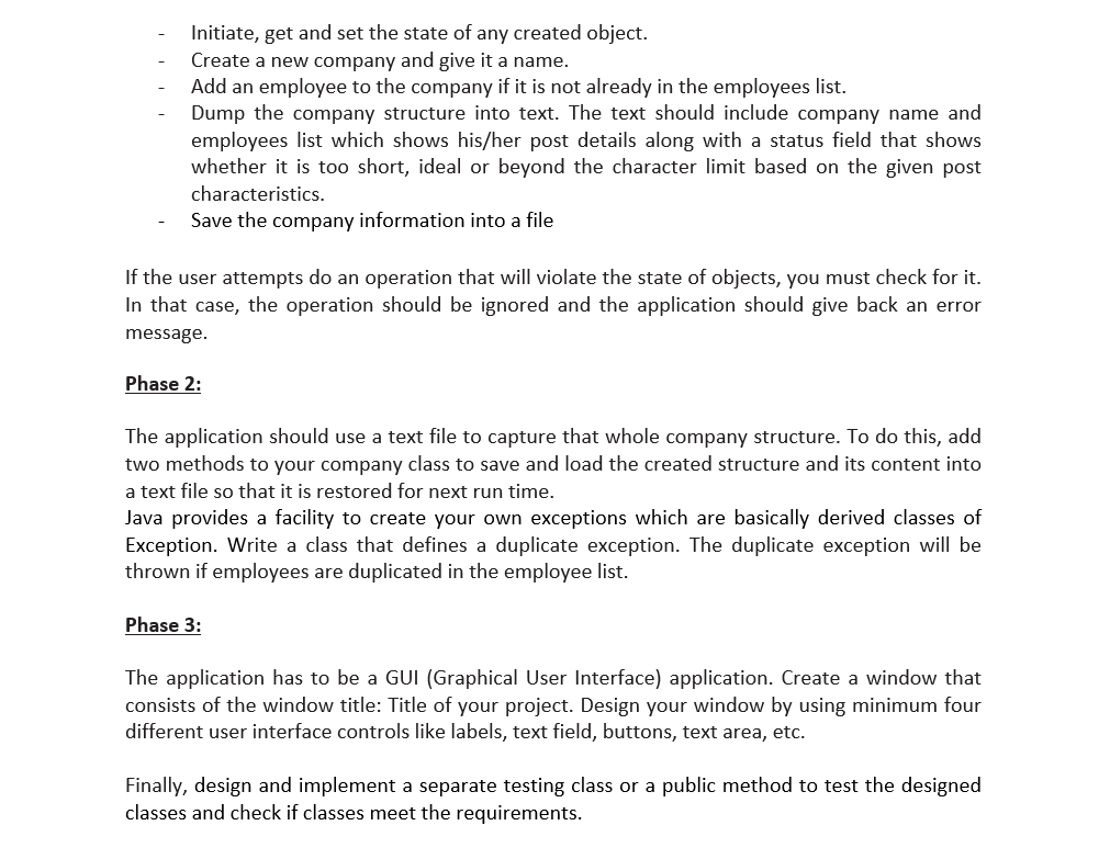 Phase 1: Java language Create a separate class each | Chegg.com