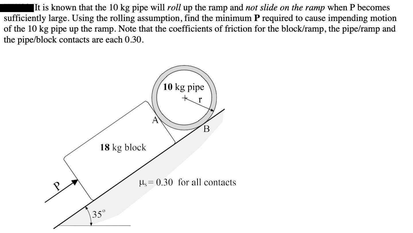Solved It is known that the 10 kg pipe will roll up the ramp | Chegg.com
