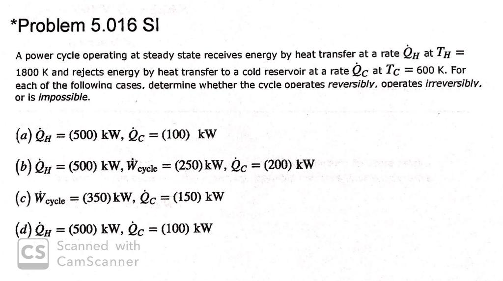 Solved *Problem 5.016 SI A power cycle operating at steady | Chegg.com
