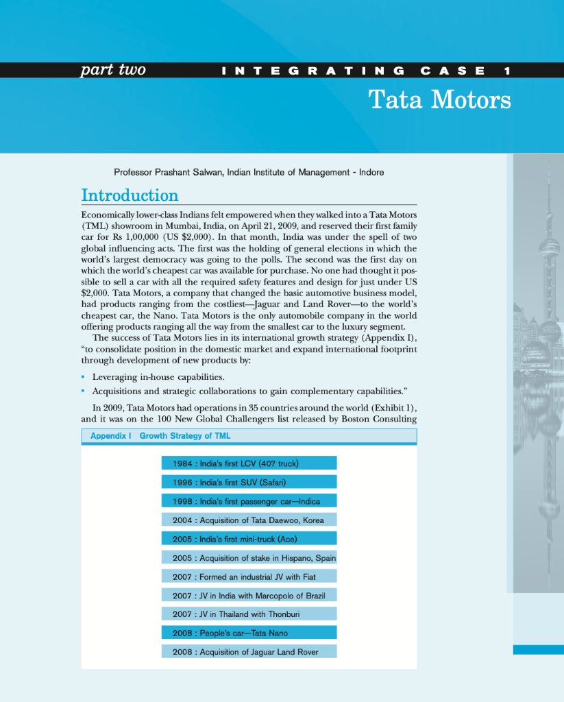 Solved part two INTEGRATING CASE 1 Tata Motors Professor | Chegg.com