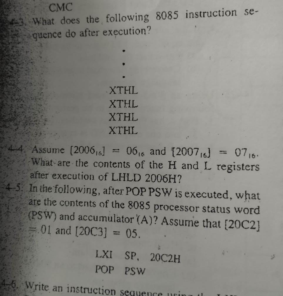 Solved CMC 443. What does the following 8085 instruction | Chegg.com