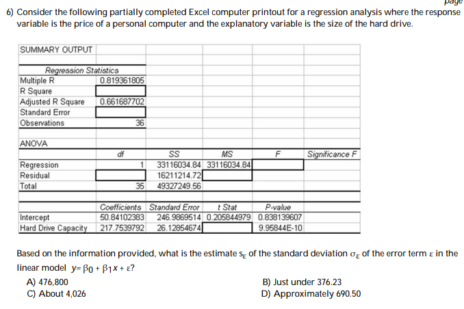 Solved 6) Consider the following partially completed Excel | Chegg.com