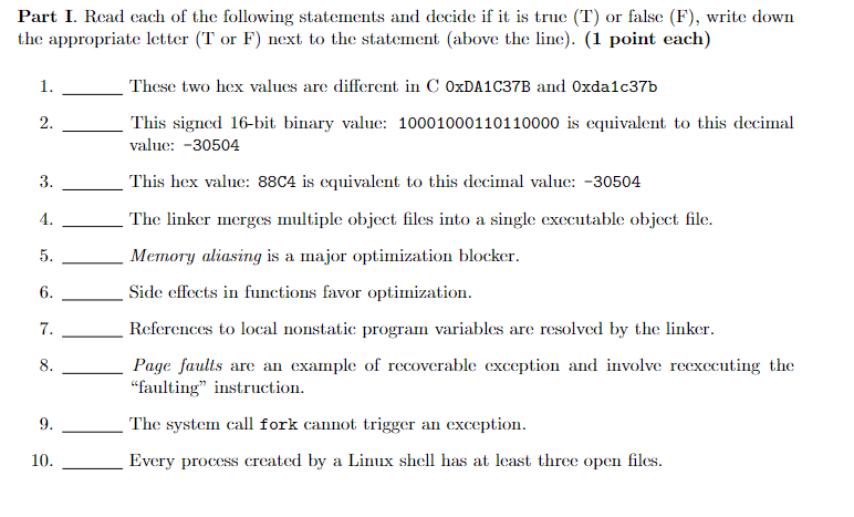 Solved Part I. Read each of the following statements and | Chegg.com