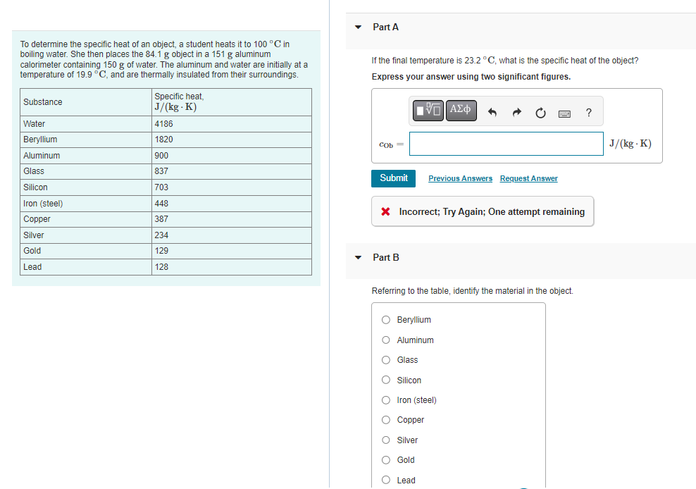 Solved To determine the specific heat of an object, a | Chegg.com