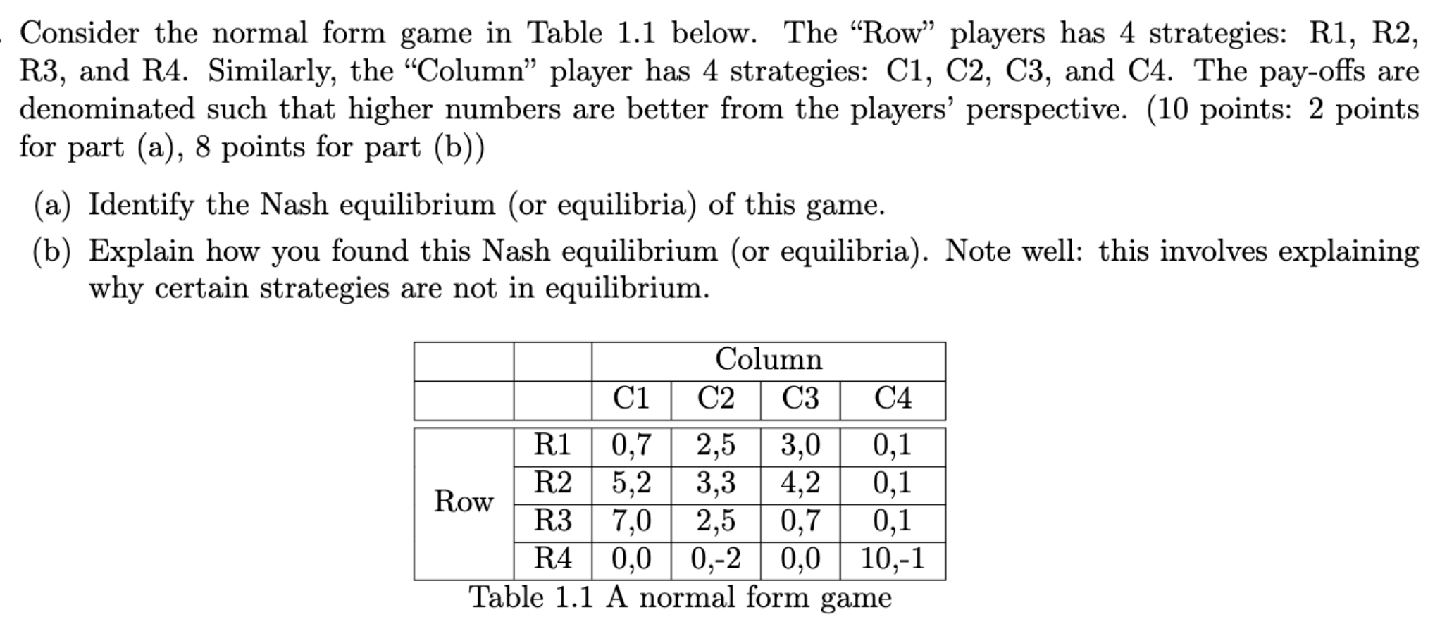 Solved Consider the normal form game in Table 1.1 below. The | Chegg.com