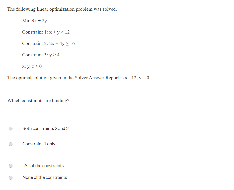 Solved The following linear optimization problem was solved. | Chegg.com