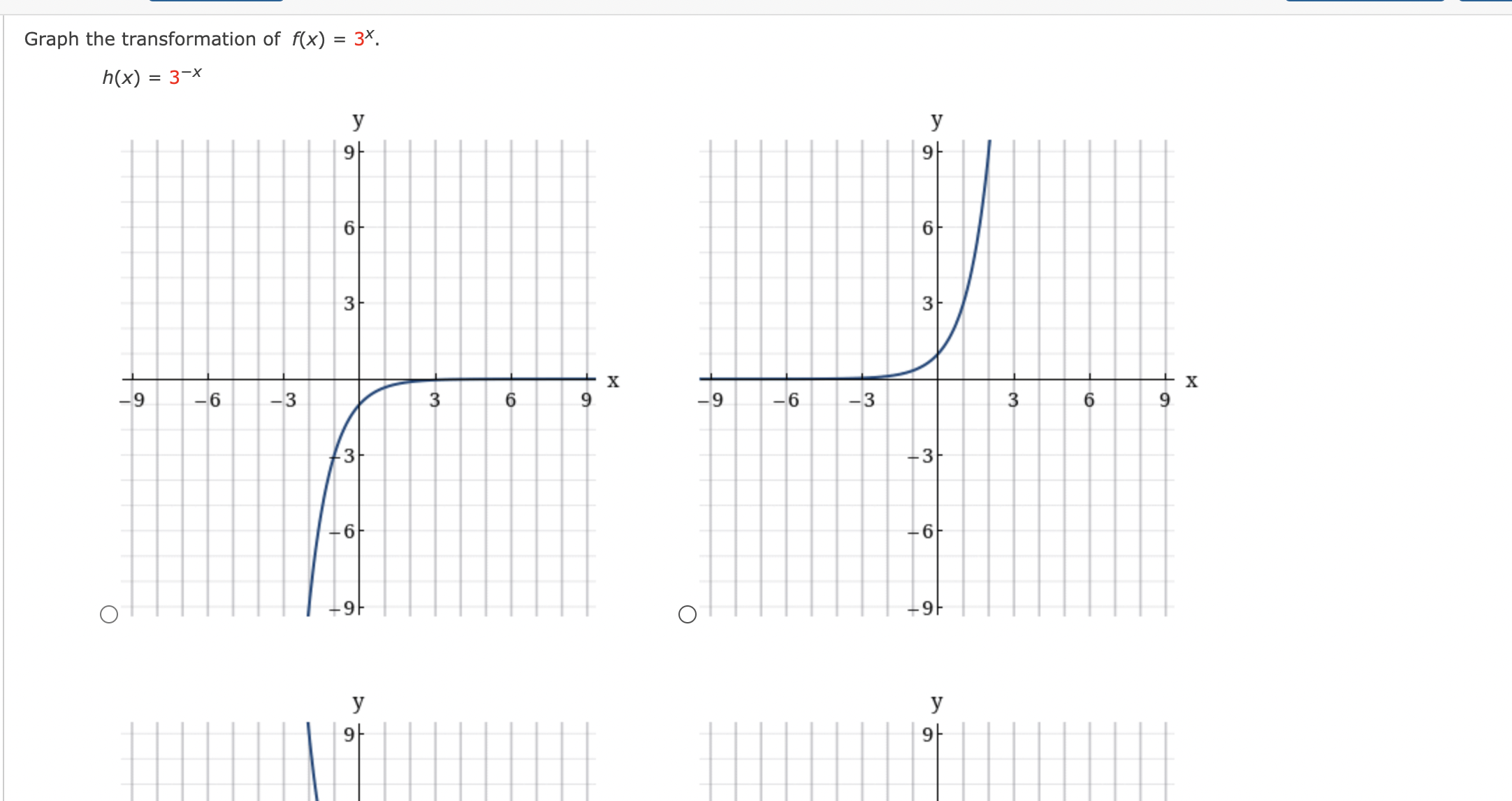 Solved Graph the transformation of f(x)=3x. h(x)=3−xGive the | Chegg.com