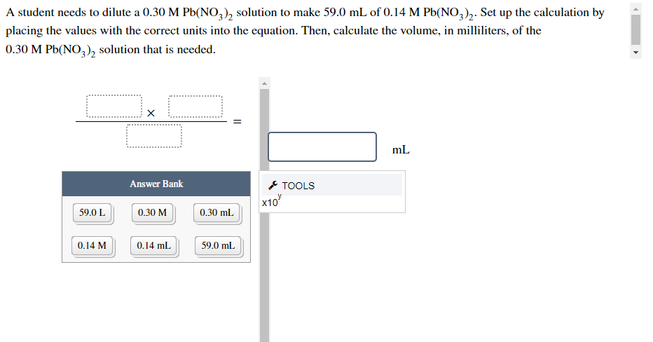 Solved A student needs to dilute a 0.30 M Pb(NO3), solution | Chegg.com