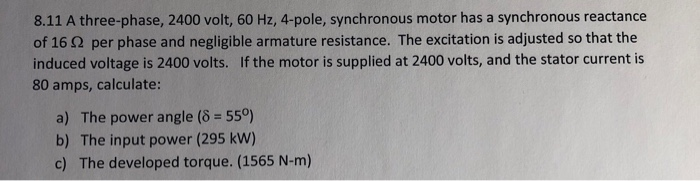 Solved 8.11 A three-phase, 2400 volt, 60 Hz, 4-pole, | Chegg.com