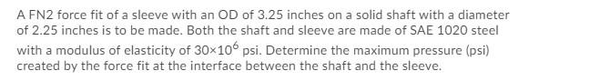 Solved A FN2 force fit of a sleeve with an OD of 3.25 inches | Chegg.com
