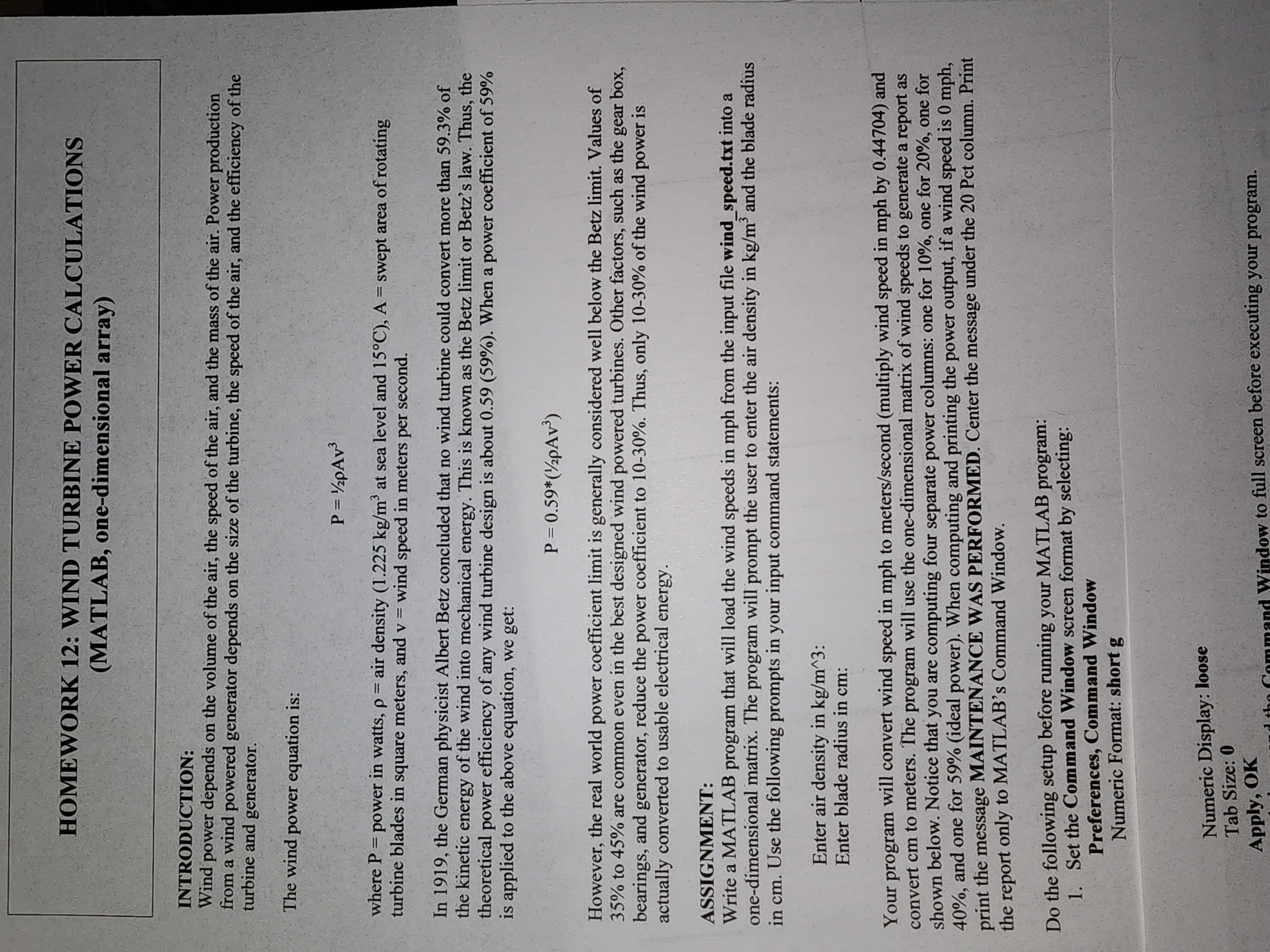 HOMEWORK 12: WIND TURBINE POWER CALCULATIONS (MATLAB, | Chegg.com