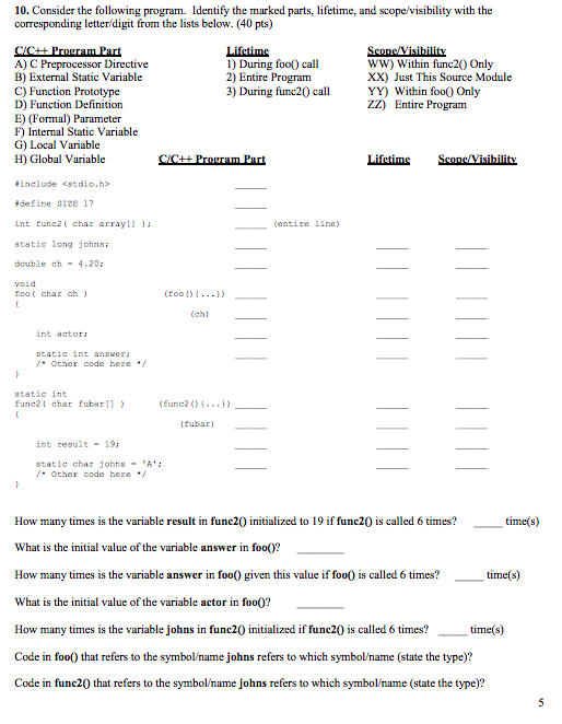 Solved 10. Consider the following program. Identify the | Chegg.com