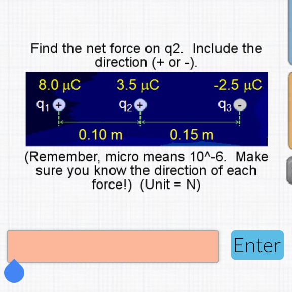 Solved Find the net force on q2. Include the direction (+ or | Chegg.com